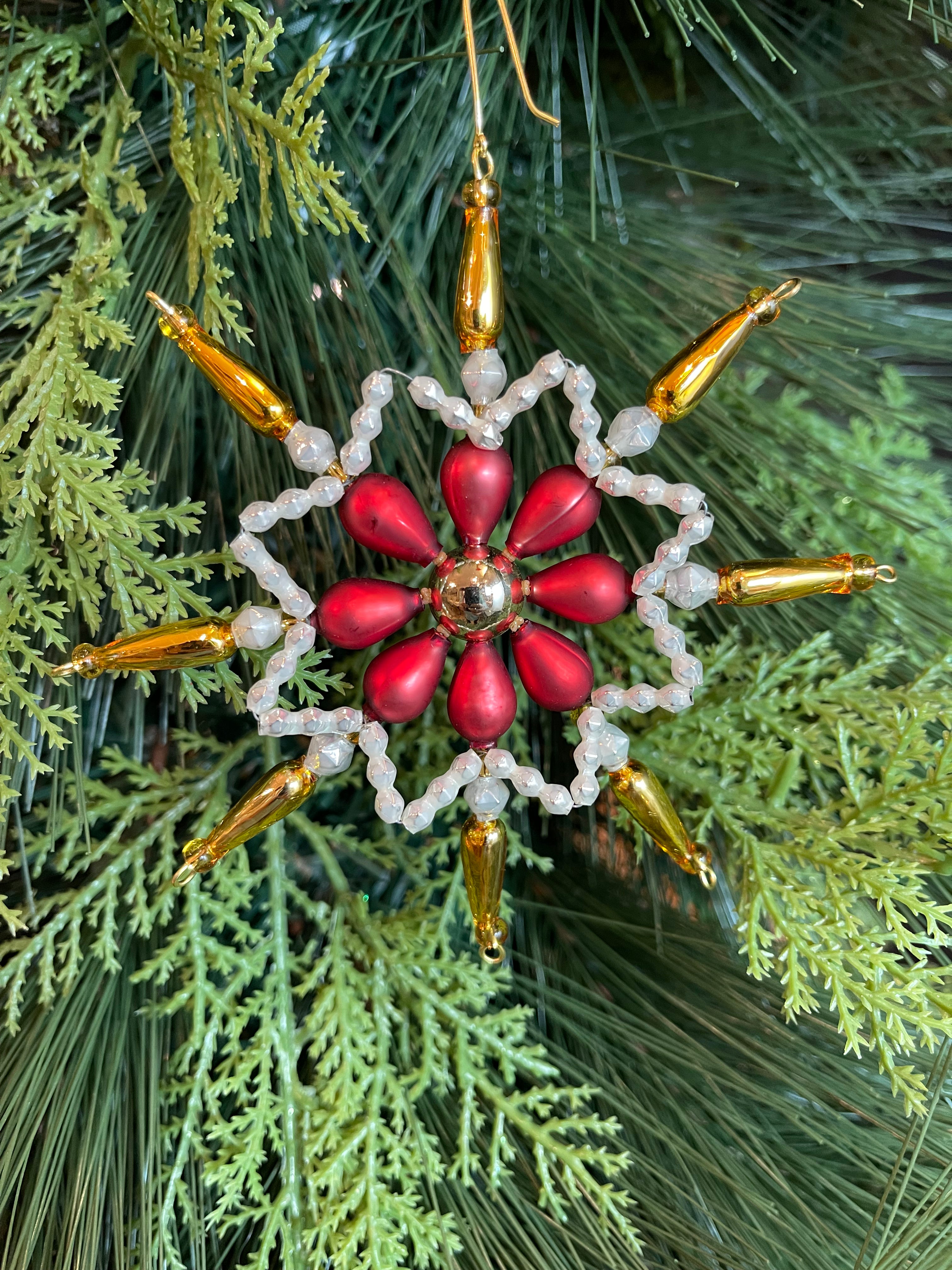 Red and Gold Snowflake - Czech Beaded Glass for Christmas Jules ...